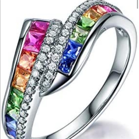 Jewelry | New 18k Gold Inlaid Diamond Rainbow Colored Gemstone Row Ring ...